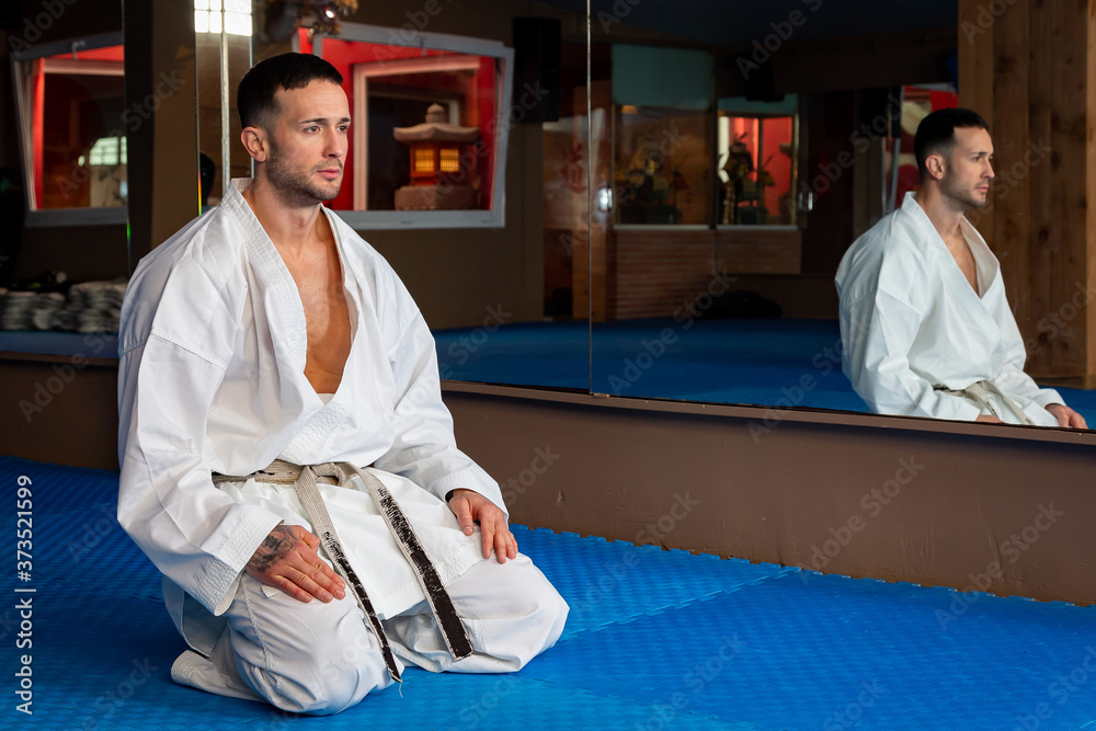 Karate man with traditional Japanese sitting posture on tatami. Stock ...
