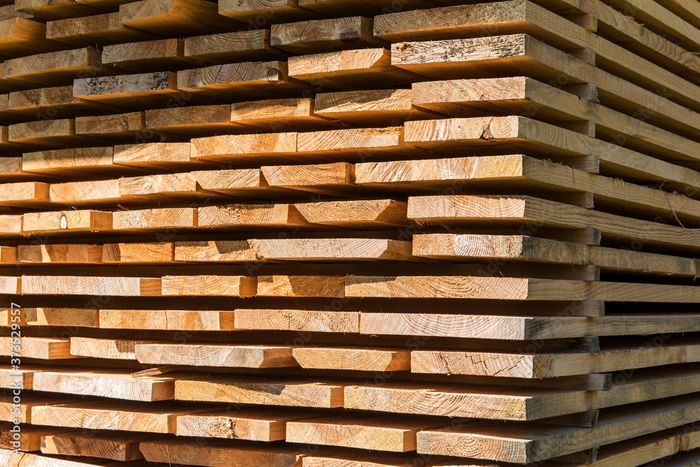 Detail wooden planks. Air-drying timber stack. Wood air drying ...