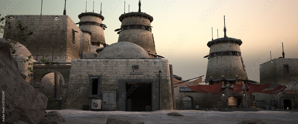 Futuristic Sci-fi scene. Desert outpost against dusty alien sky. Stone ...