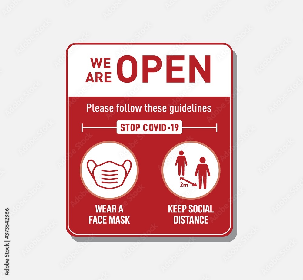 We are open coronavirus sign, New normal board. Please wear face mask ...