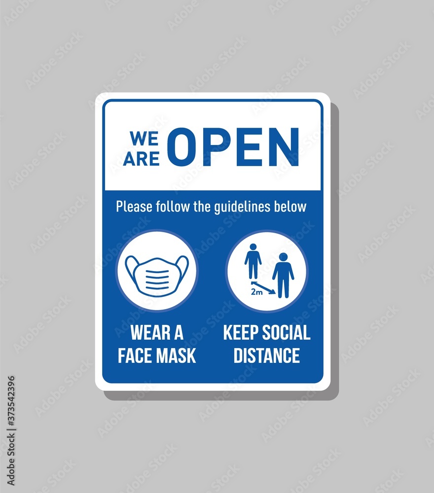 We are open coronavirus sign, New normal board. Please wear face mask ...