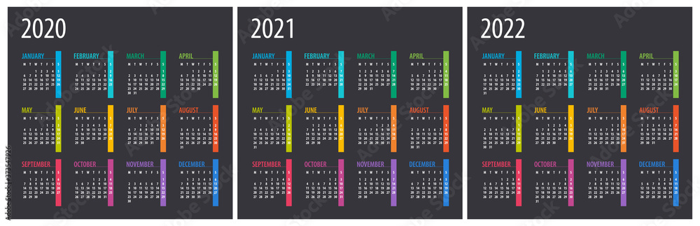 2020 2021 2022 Calendar - illustration. Template. Mock up Stock Vector ...