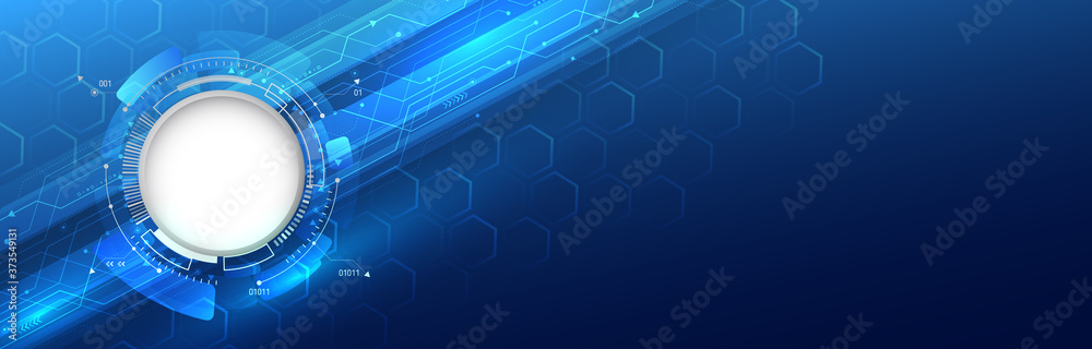 Abstract blue background with various technology elements. Wide Hi-tech ...