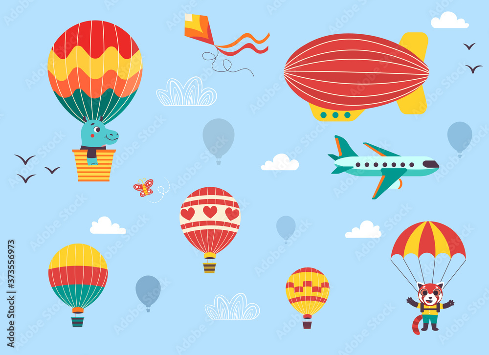 Funny kids air transport set with little animals. Hot air balloon ...