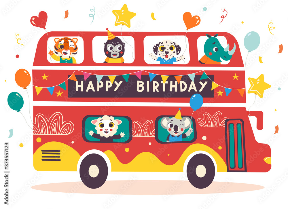 Happy Birthday red double decker celebration bus with cute animals ...