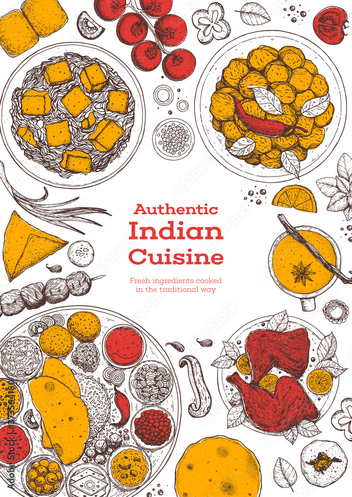 Indian food illustration. Hand drawn sketch. Indian cuisine. Doodle ...