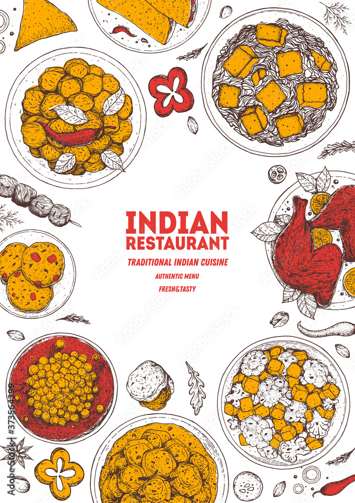 Indian food illustration. Hand drawn sketch. Indian cuisine. Doodle ...