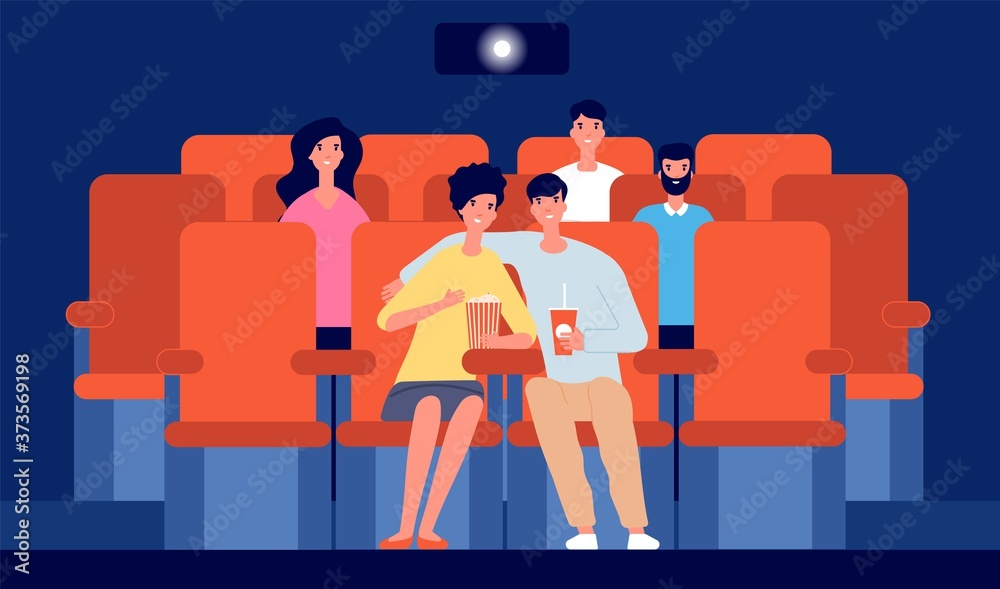 Couple in movie theater. Happy boy girl in cinema, cartoon people ...
