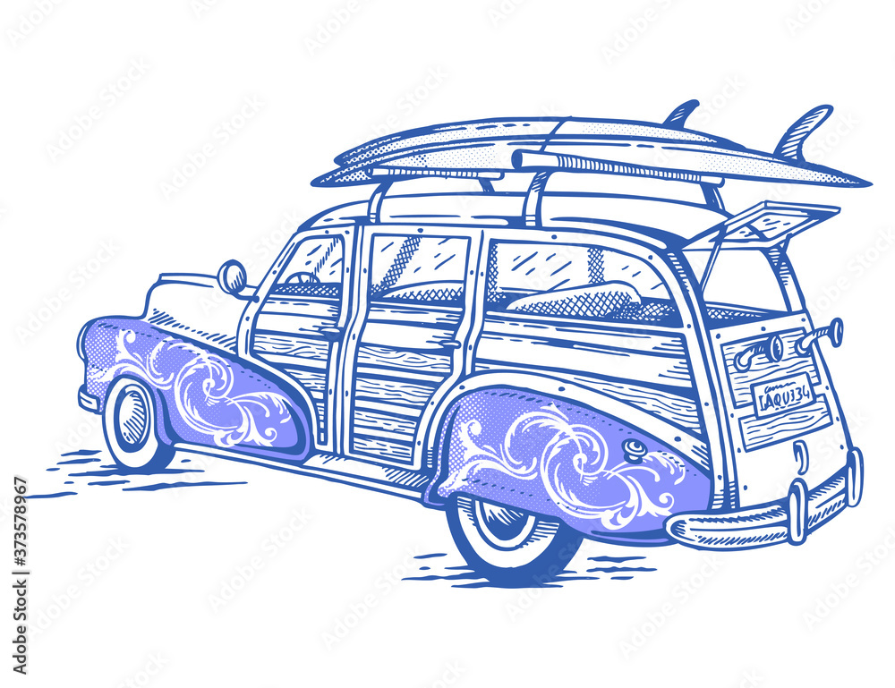 Colorful vector illustration of vintage surfer car with surfboards on ...