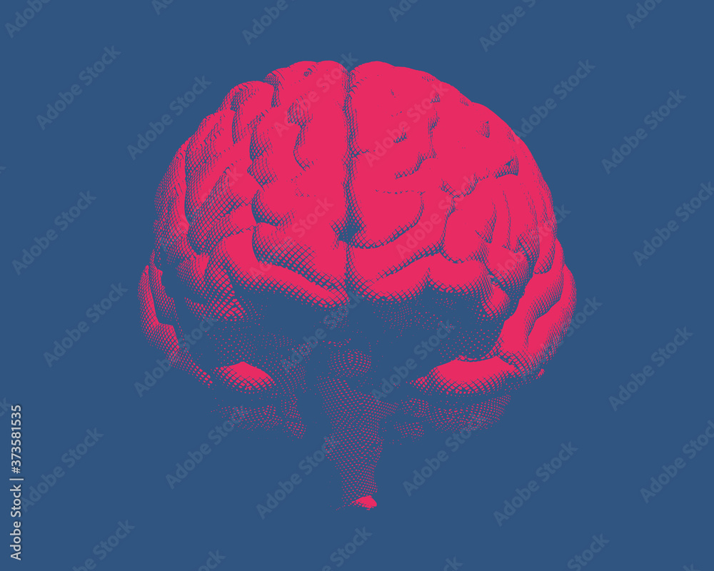 Red retro brain illustration isolated on blue BG Stock Vector | Adobe Stock