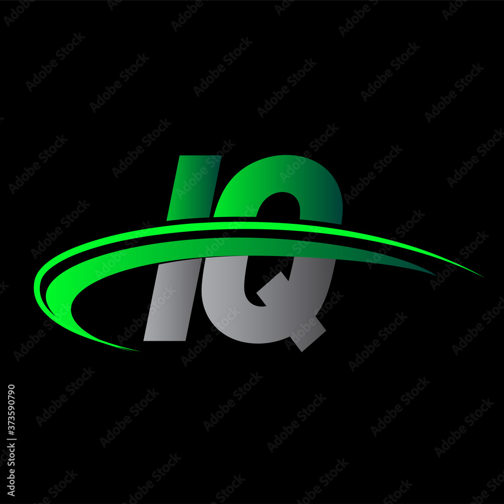 initial letter IQ logotype company name colored green and black swoosh ...