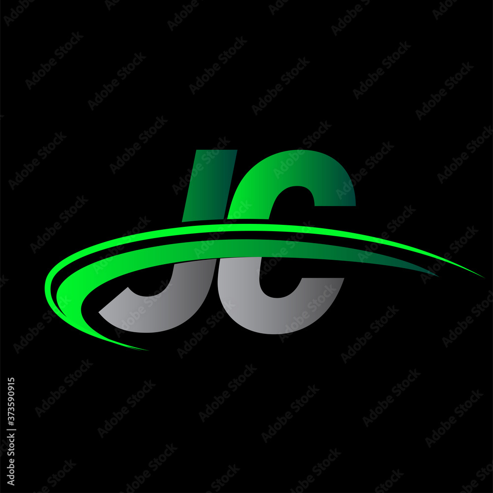 initial letter JC logotype company name colored green and black swoosh ...