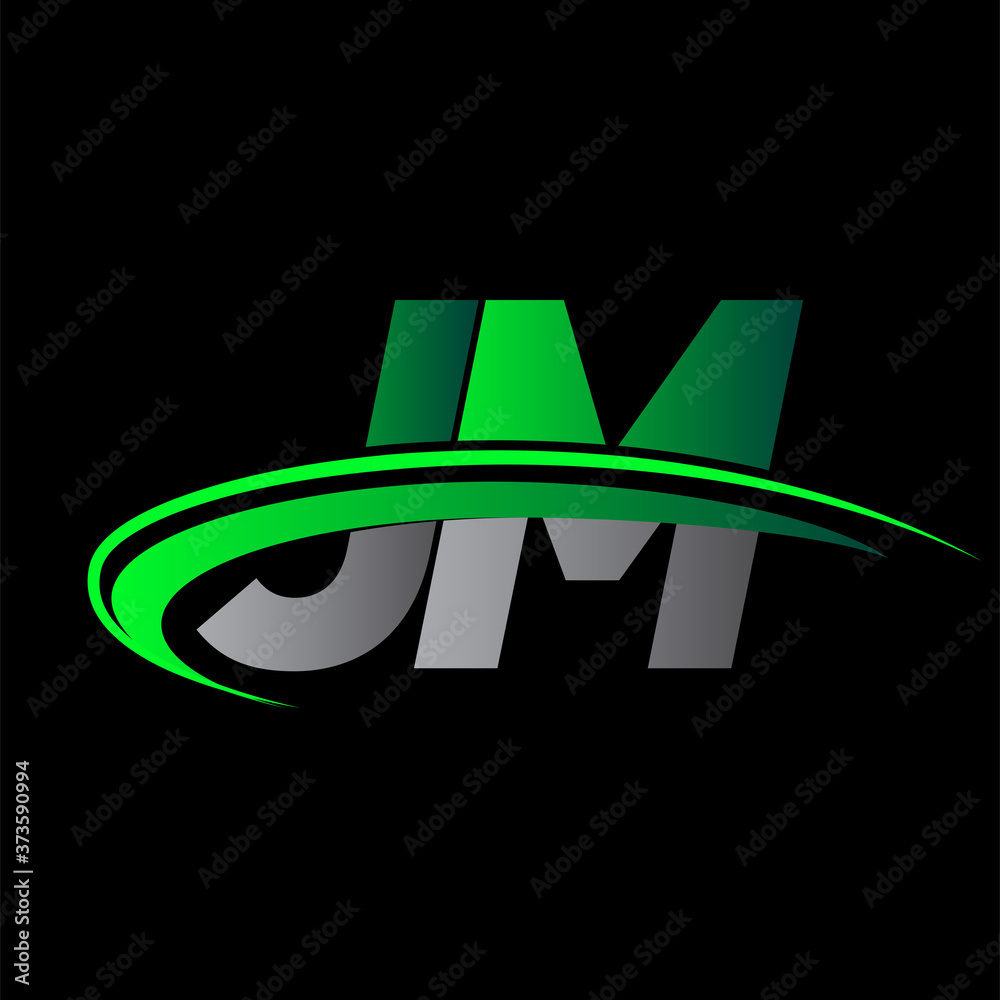 initial letter JM logotype company name colored green and black swoosh ...