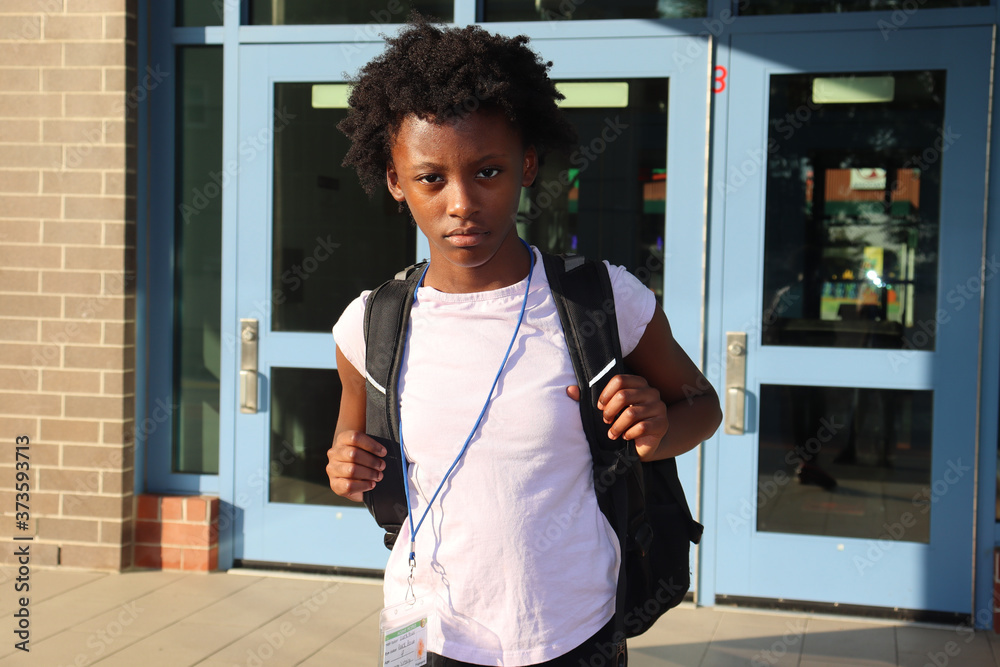 Black Kid wearing backpack outside School building Stock Photo | Adobe ...