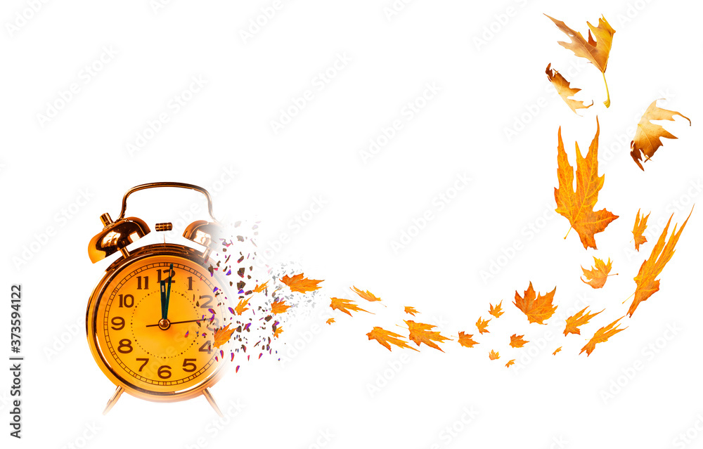 autumn time start clock breaking in piecies autumn leaves isolated in ...