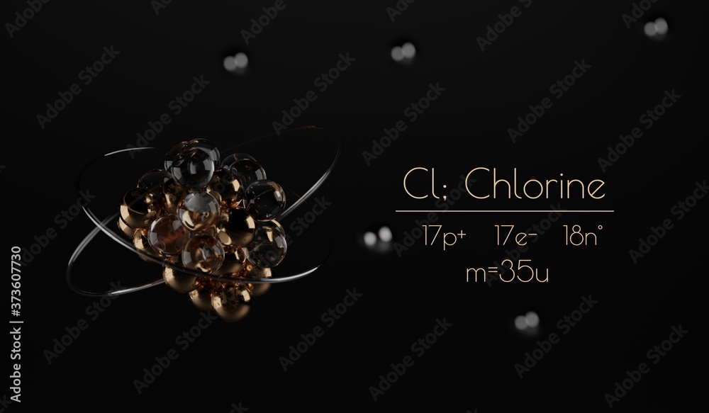 A stylized Chlorine atom visualization, with the number of protons ...