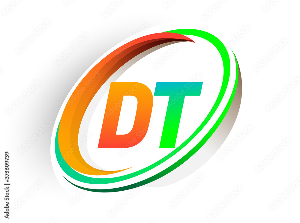 initial letter DT logotype company name colored orange and green circle ...