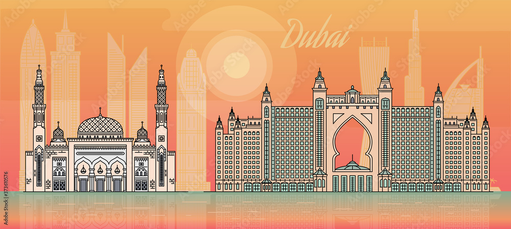 Dubai City skyline detailed background sketch cartoon vector ...