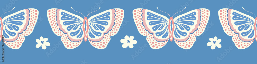 Butterfly and flower border pattern design. Cute vector seamless repeat ...