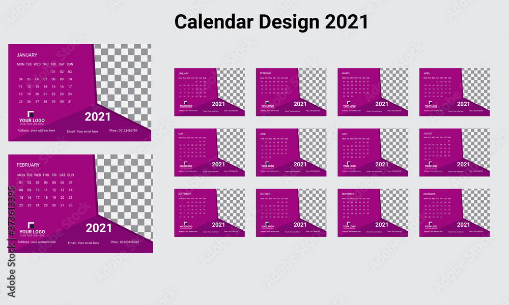 Desk calendar design 2021 template Set of 12 Months, Week starts Monday ...