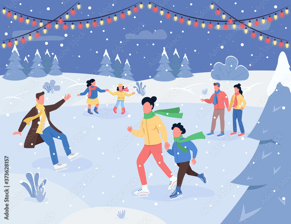 Christmas ice rink semi flat vector illustration. Children and adult on ...