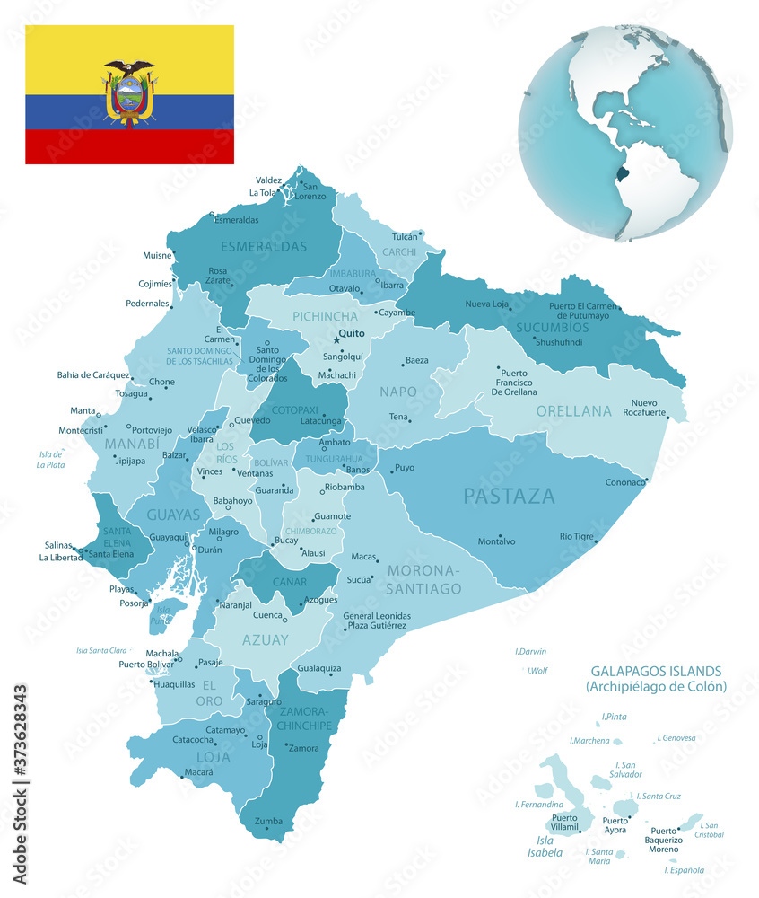 Ecuador administrative blue-green map with country flag and location on ...