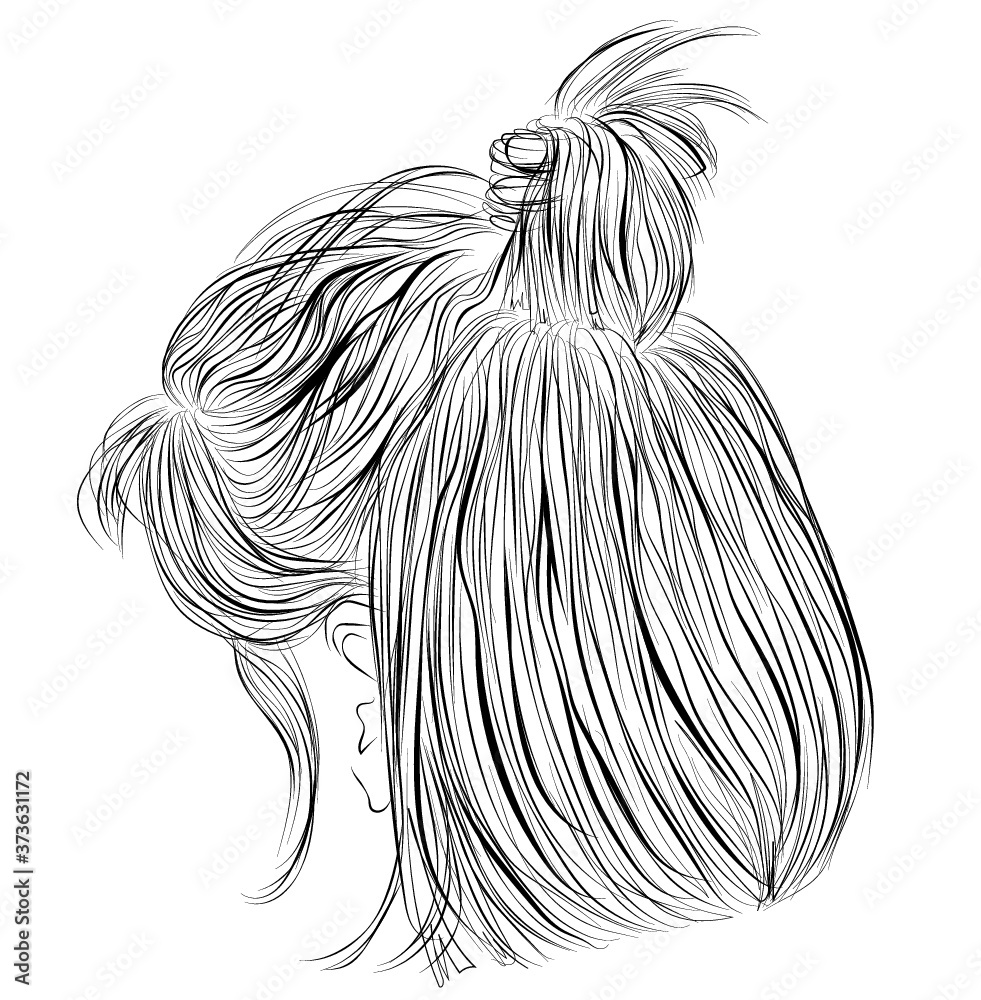 Half-bun, straight hair, female vector illustration. Black and white ...