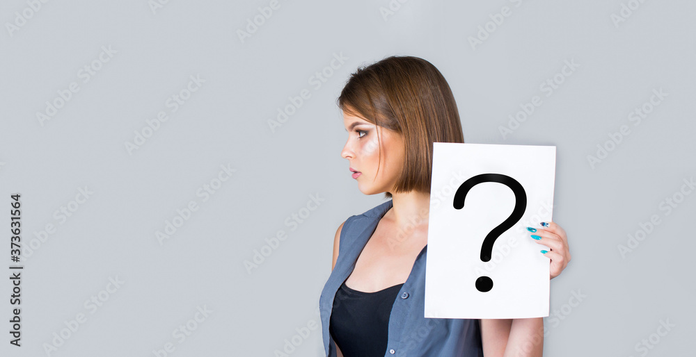 Zdjęcie Stock: Thinking woman. Girl question. Getting answers, thinking ...