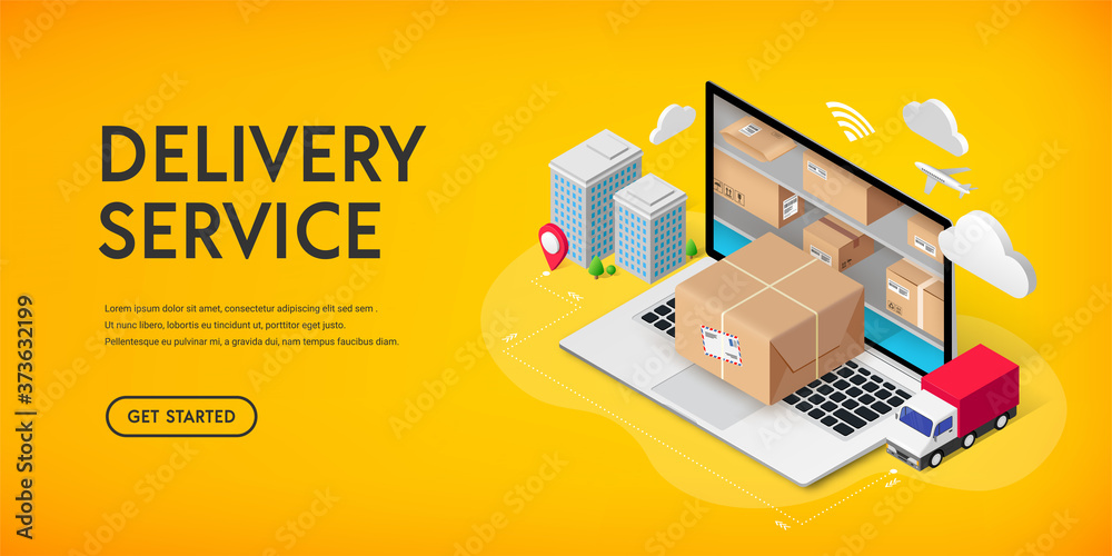 Delivery service online isometric banner concept with storage in laptop ...