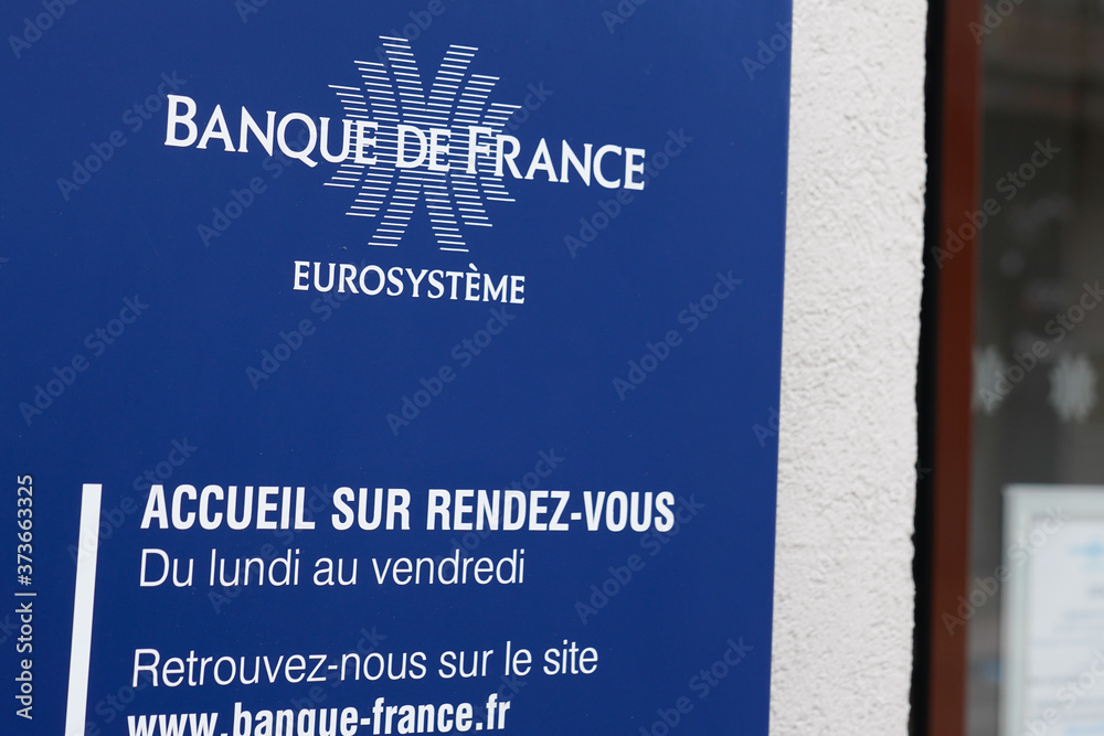 Banque de France logo sign and text with customers information front of ...