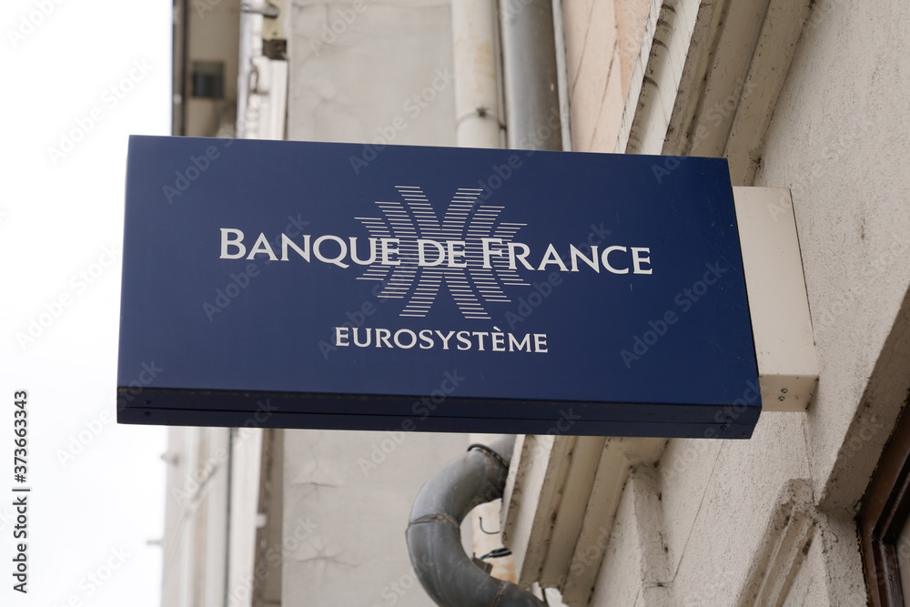 Banque de France text eurosysteme and logo sign in official building ...