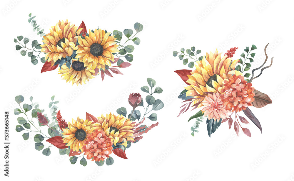 Watercolor hand painted floral sunflower bouquets.Watercolor floral ...