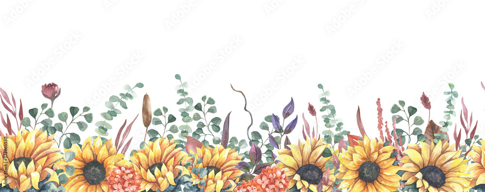 Watercolor hand painted floral sunflower seamless border.Watercolor ...