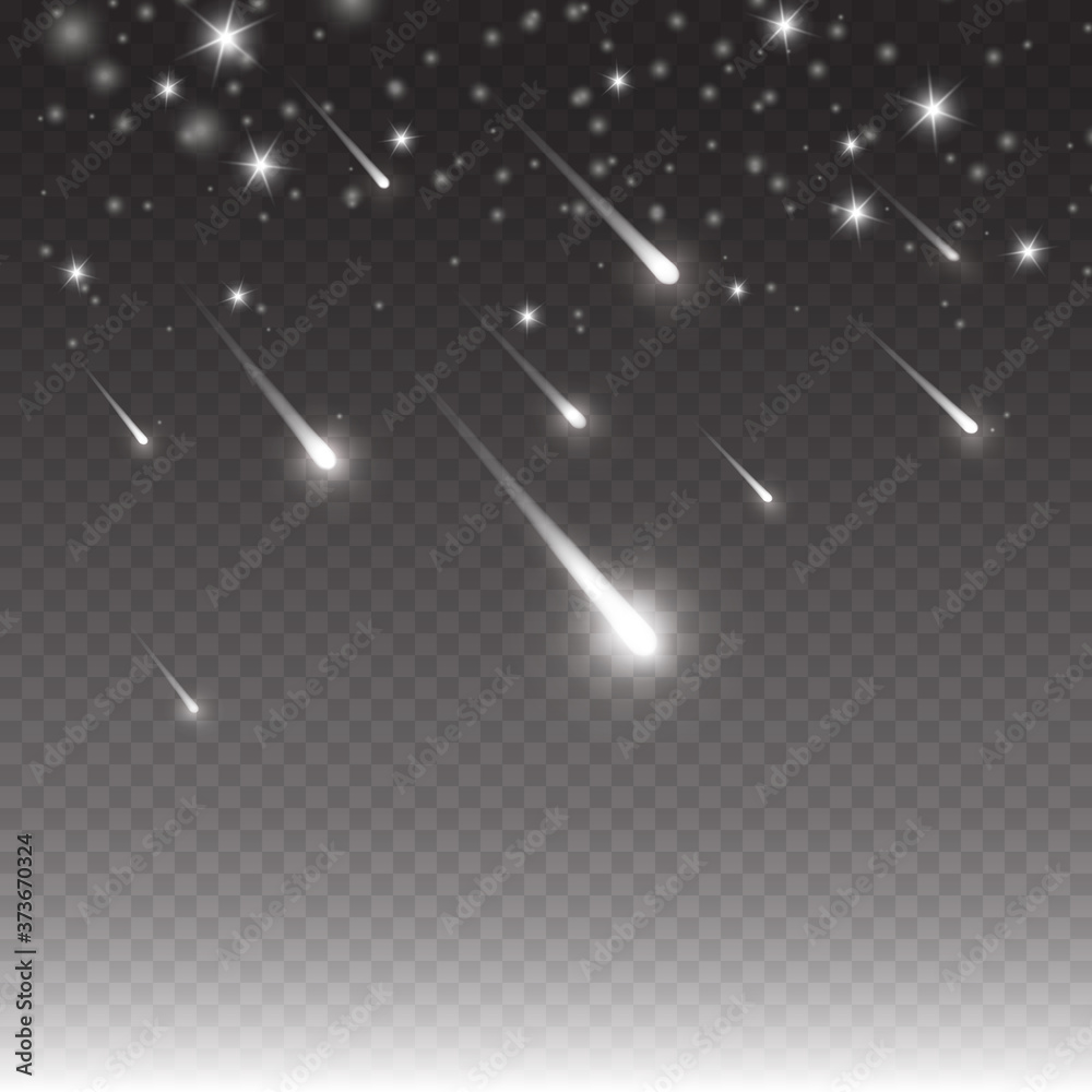 Comets shooting effect and glowing asteroids, stars at night sky. White ...