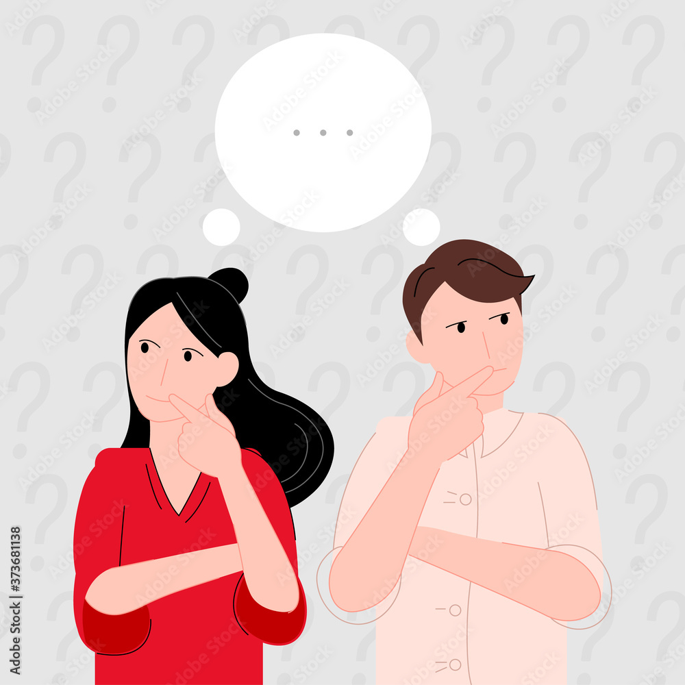 Thinking couple on question marks background cartoon flat vector ...
