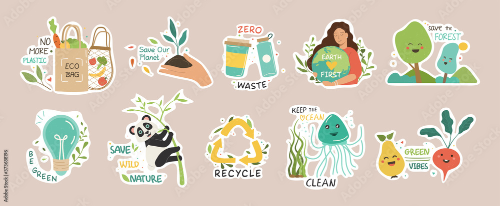 Ecology colorful stickers collection. Trendy slogans to save the planet ...