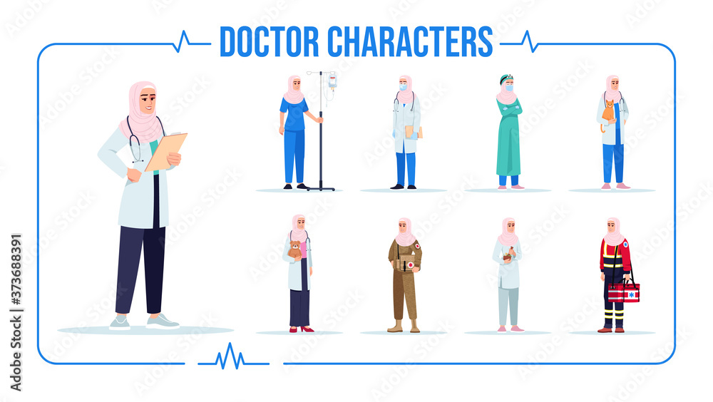 Muslim doctor semi flat RGB color vector illustration set. Alternative ...