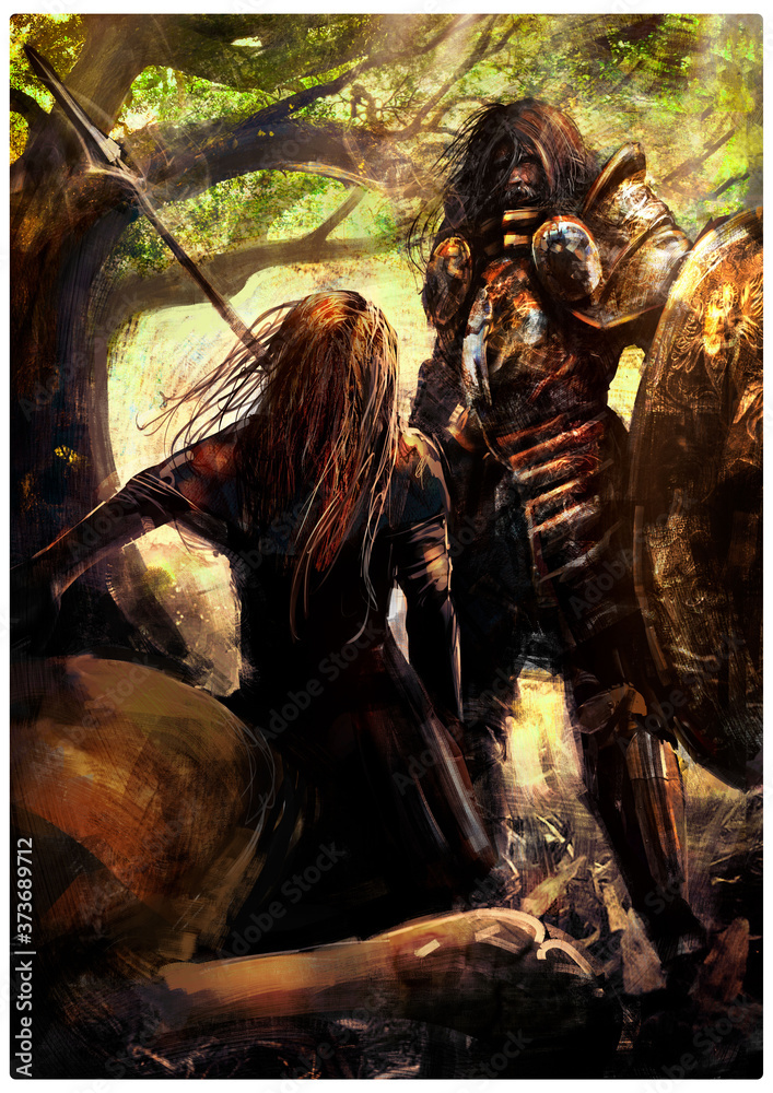 A knight in crumpled armor stands with a shield and a spear above the ...