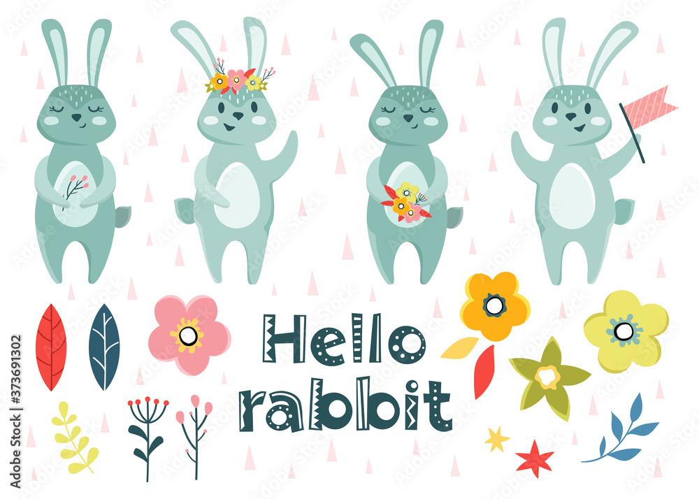 Collection of cute little blue rabbits with flowers and wreaths ...