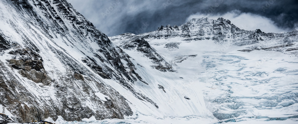 Giant Lhotse Face with camp 3 on sight and the climbers as a long line ...