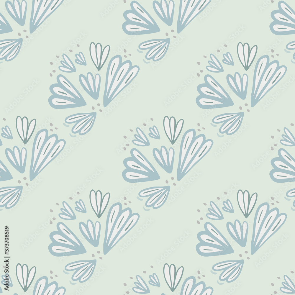 Seamless hand drawn pattern with flower contoured ornament. Sky blue ...