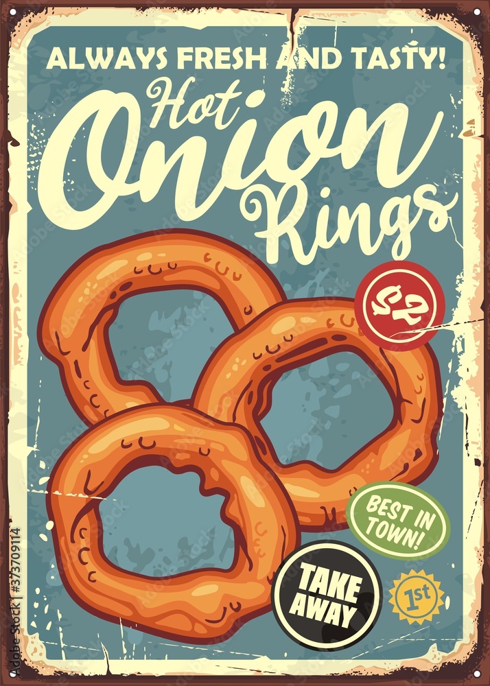 Fried onion rings retro fast food sign. Diner menu with tasty and ...