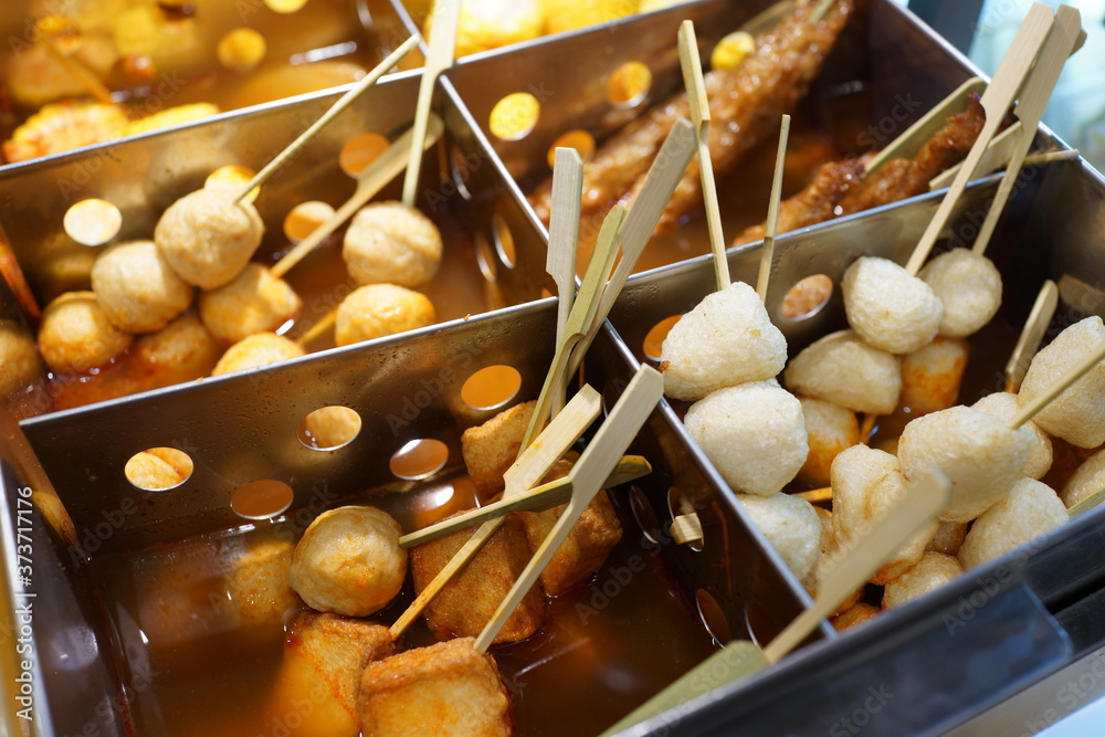 Japanese traditional Oden. Various ingredients such as boiled eggs ...