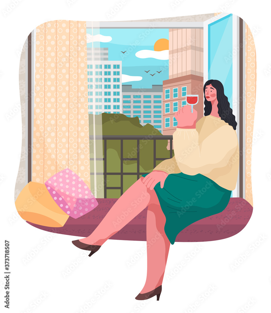 Young woman sitting on windowsill at home looking out the window ...