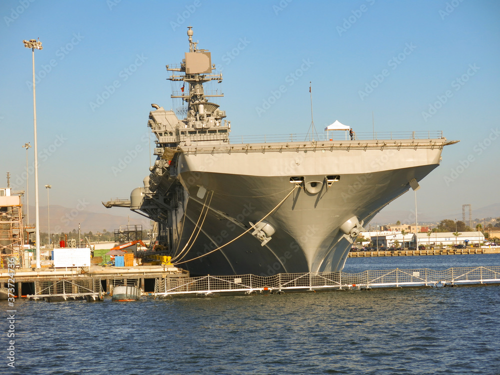 Carrier USS in San Diego harbour, USA. Aircraft carrier from front view ...