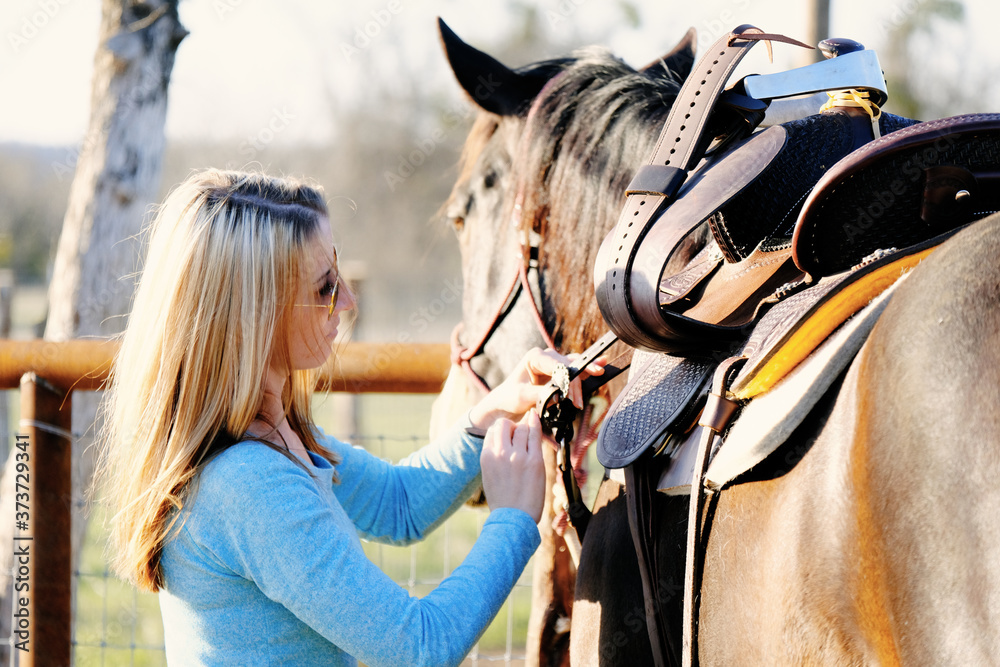 Western lifestyle shows woman putting on saddle to go horseback riding ...