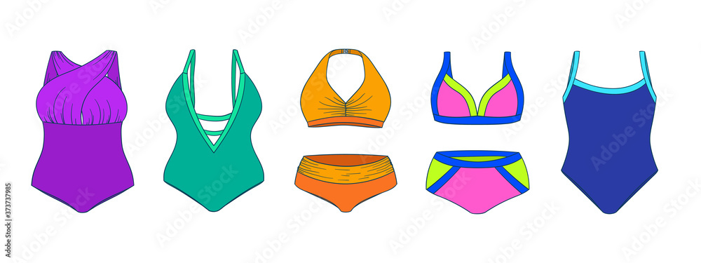 Vecteur Stock Swimming suits set. Doodle bikini collection. Plus size ...
