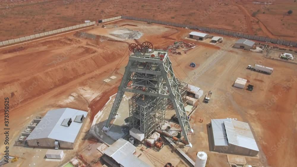 Aerial of mine shaft headgear construction at precious metal mine in ...