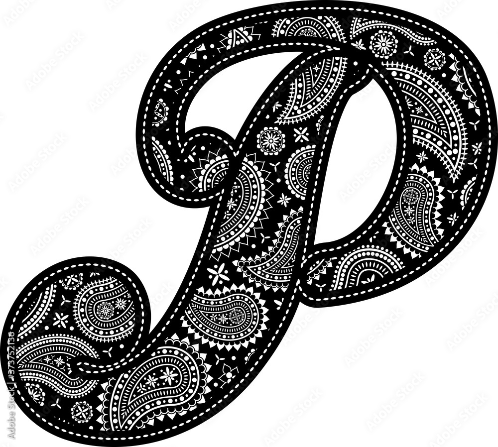 capital letter P with paisley pattern design. Embroidery style in black ...