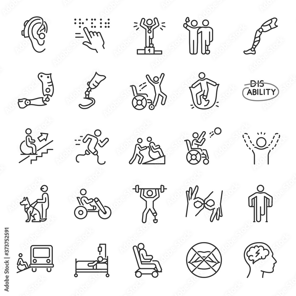 Disability, icon set. disabled people, handicap, physical impairments ...